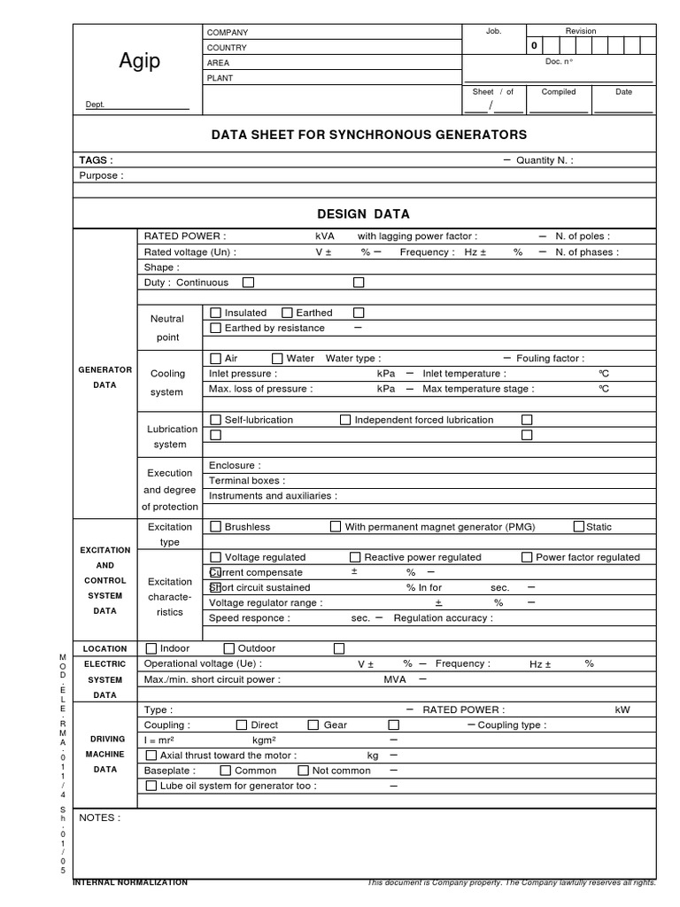 Data Sheet For Synchronous Generators: Company Job. Country Revision ...
