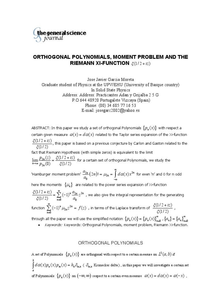 Orthogonal Polynomials & Riemann Xi-Function | PDF | Trigonometric Functions | Determinant