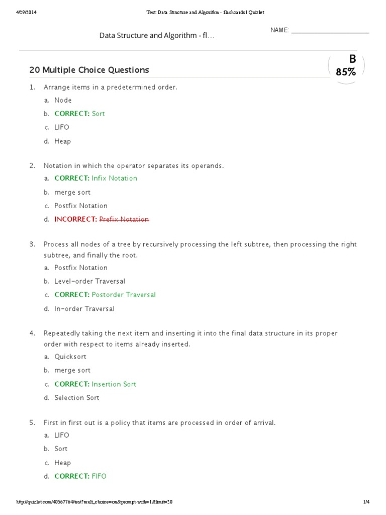 Test - Data Structure and Algorithm - Flashcards - Quizlet Par 3 | PDF ...
