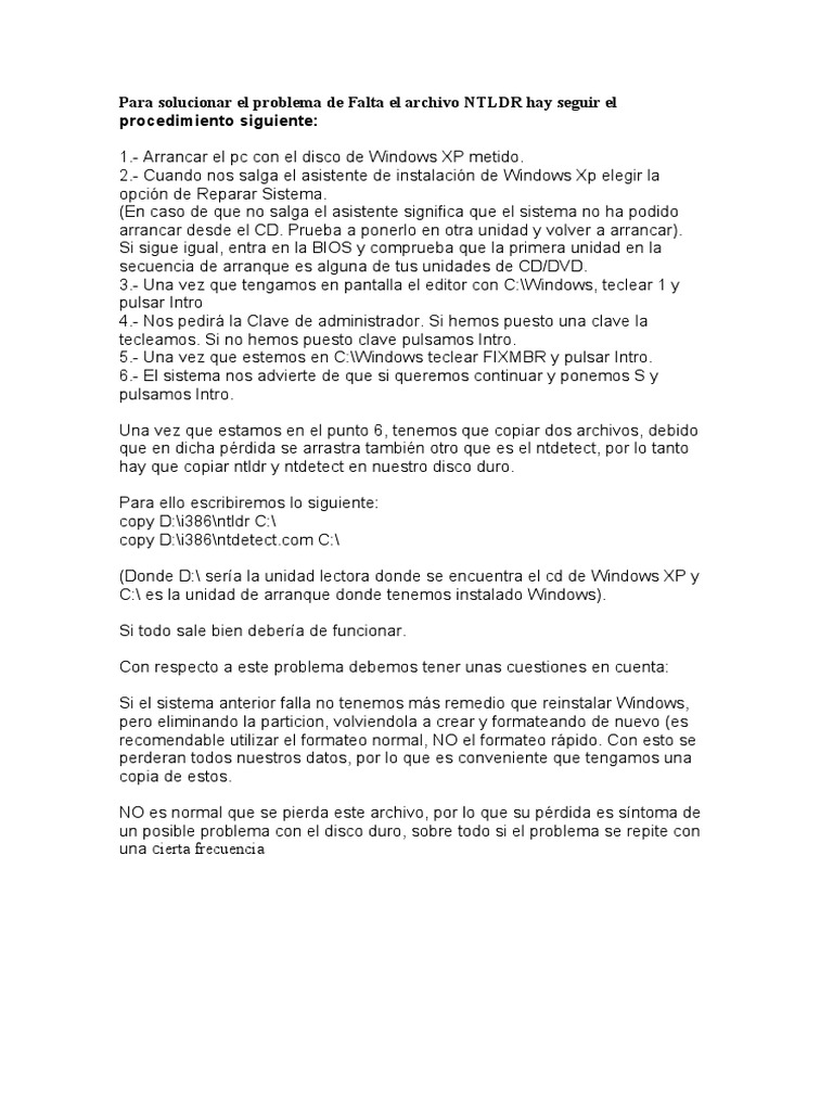 Para Solucionar El Problema de Falta El Archivo NTLDR Hay Seguir El Procedimiento Siguiente ...