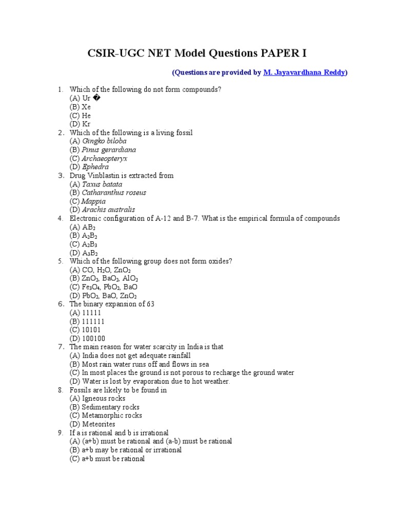 Csir Ugc Net Model Questions Paper I Questions Are Provided By Pdf