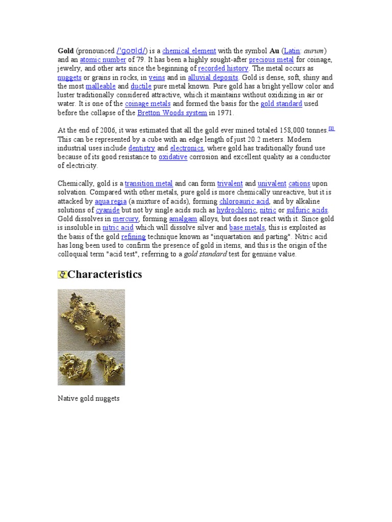 Characteristics and Uses of Gold | PDF | Gold | Precious Metals