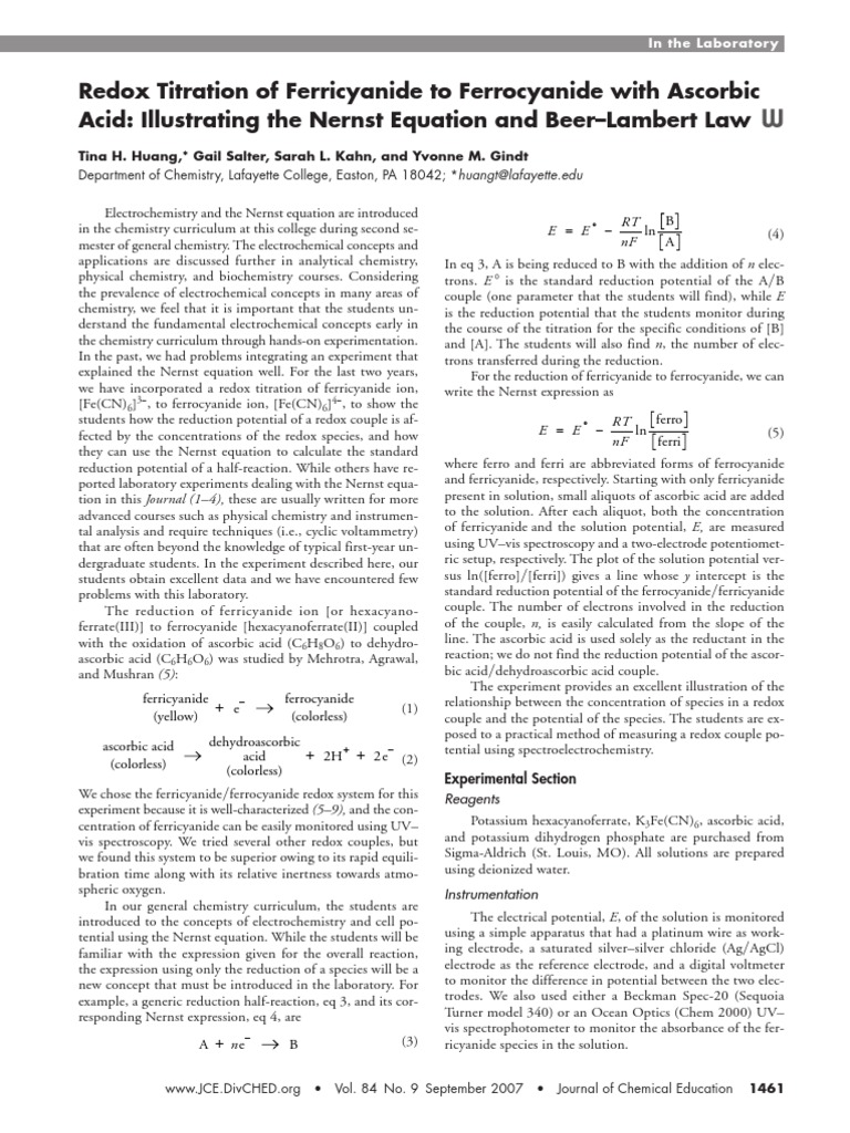 Redox Titration of Ferri To Ferro Illustrating The Nernst Eq and Beer's ...
