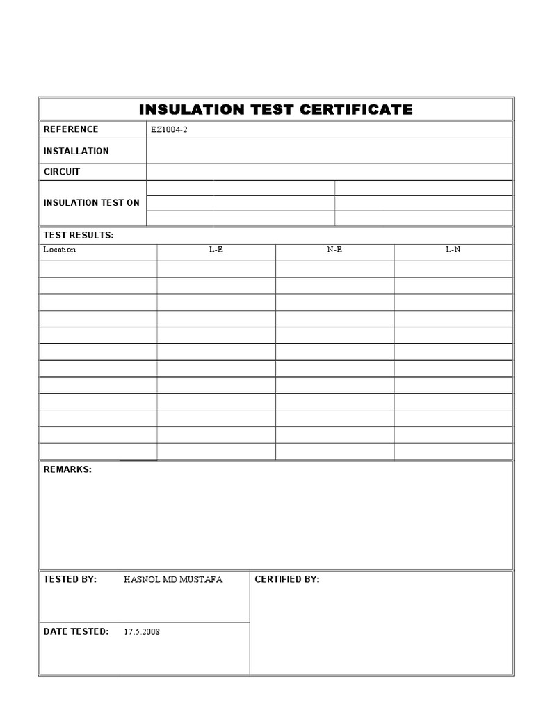 Insulation Test Certificate: Reference Installation Circuit | PDF