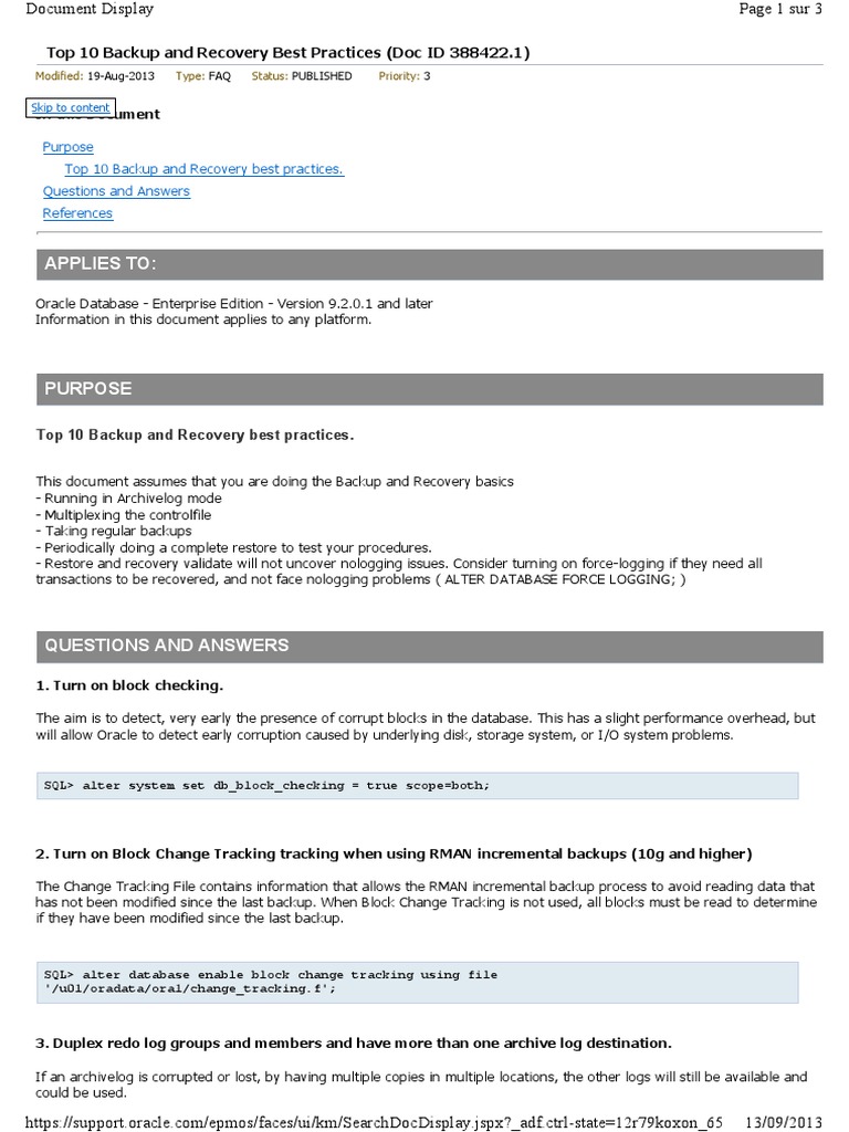 Top 10 Backup and Recovery Best Practices (Doc ID 388422.1) PDF | PDF ...