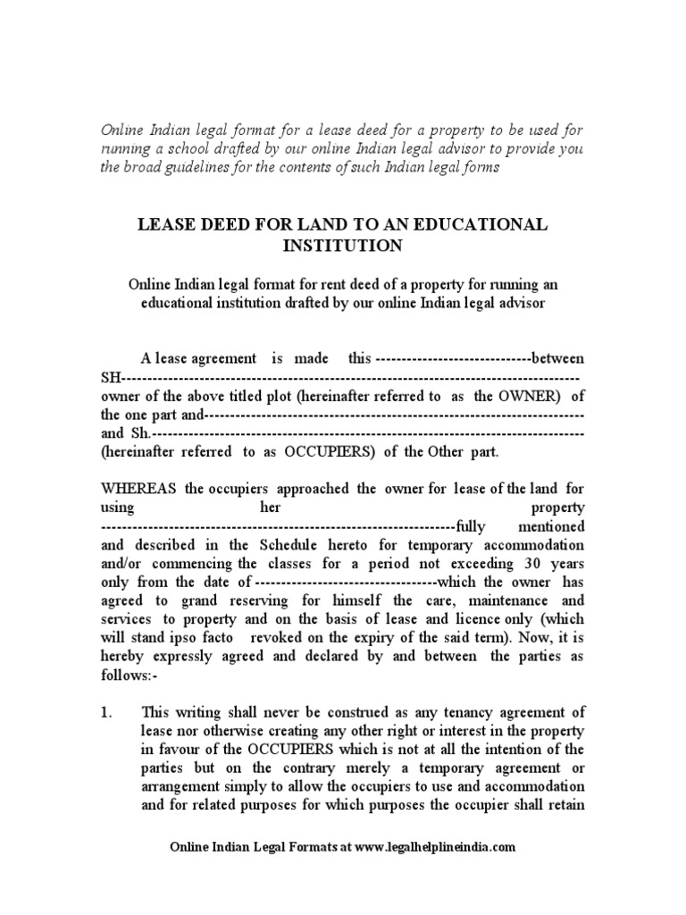 Lease Deed To An Educational Institution | PDF | Lease | Civil Law ...