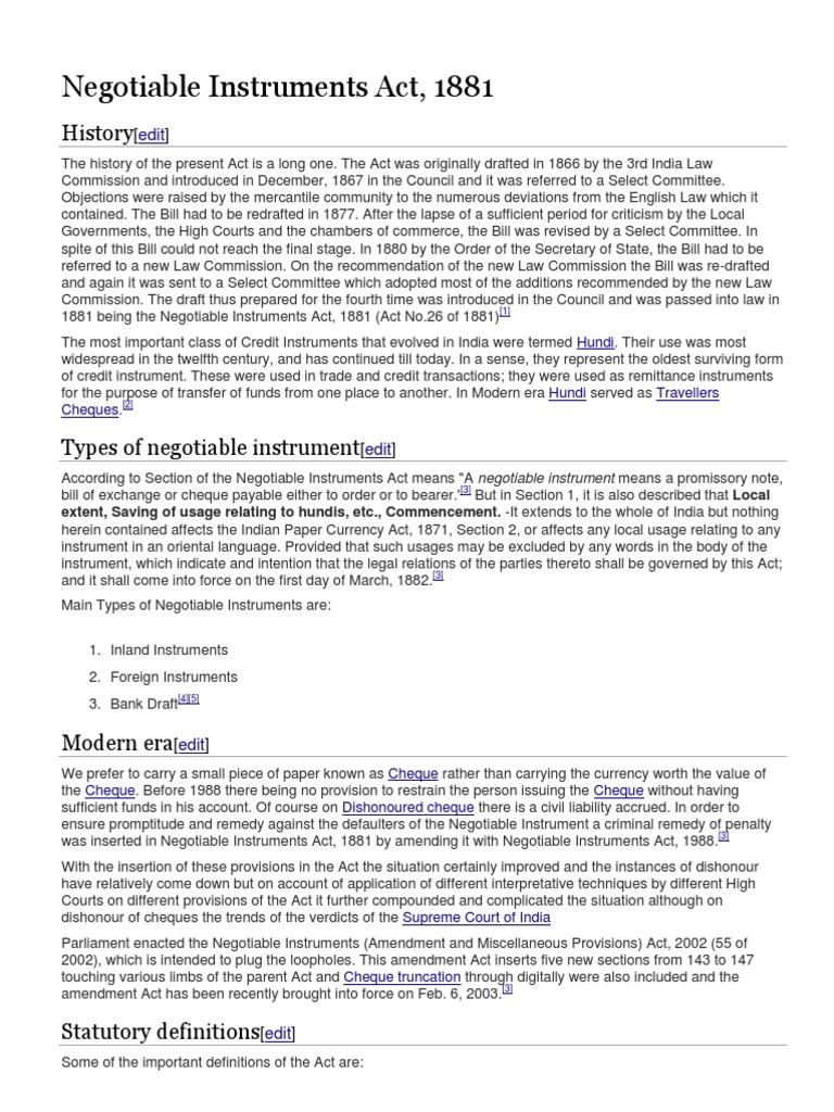 Negotiable Instruments Act, 1881: History | PDF | Negotiable Instrument ...