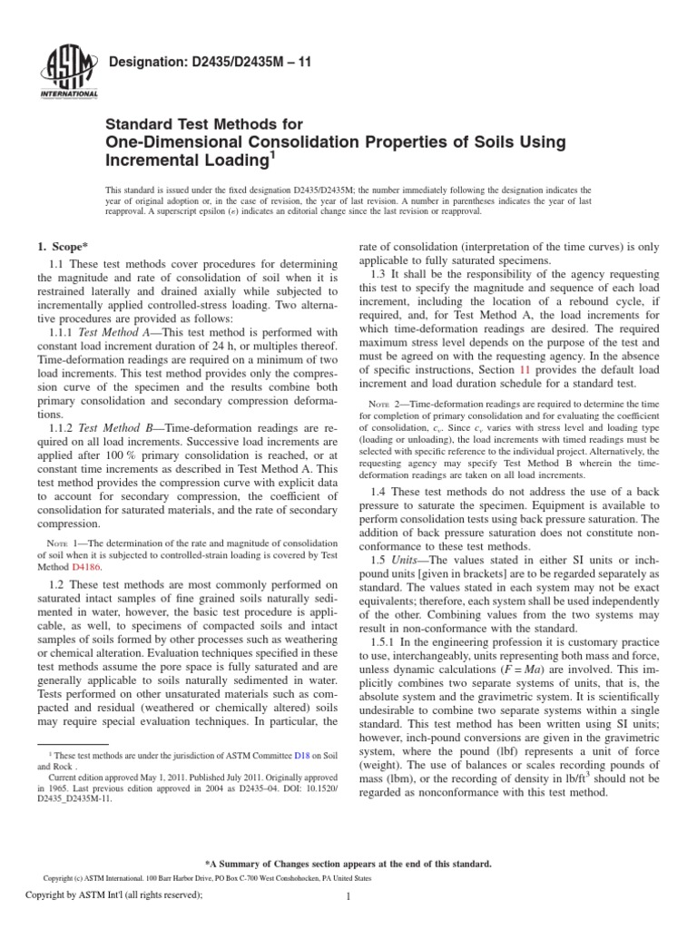 ASTM D2435 Standard Test Method For One Dimensional Consolidatin ...