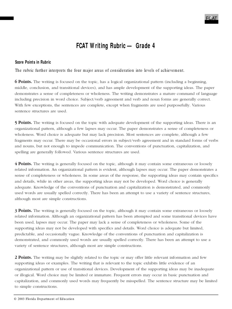 FCAT Writing Rubric - Grade 4: Score Points in Rubric | PDF | Subject ...