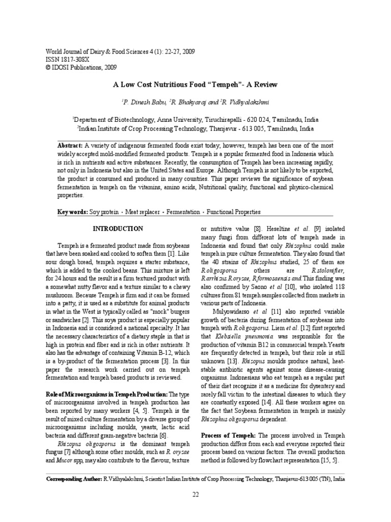 A Low Cost Nutritious Food Tempeh - A Review | PDF