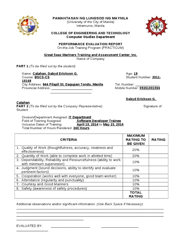 Sample Performance Evaluation Sheet For OJT | PDF | Career & Growth ...