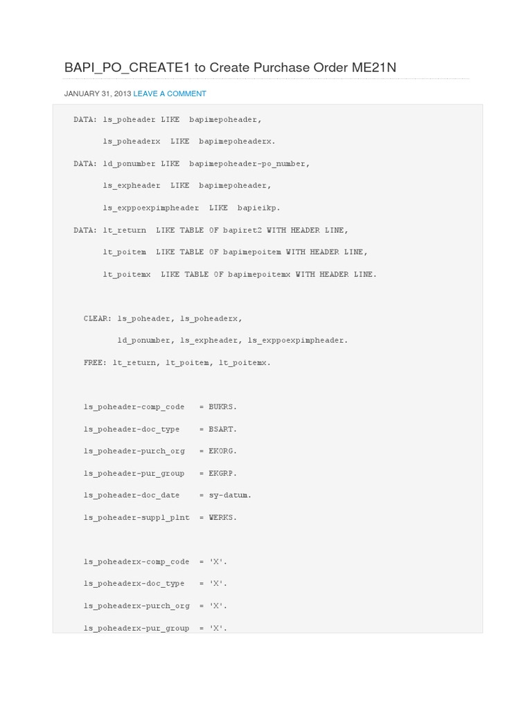 BAPI Create Purchase Order ME21N | PDF