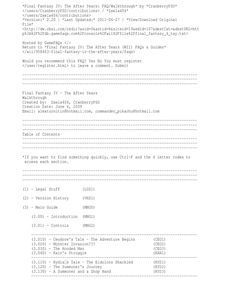 GameFAQs Final Fantasy IV The After Years (WII) FAQ - Walkthrough by ...