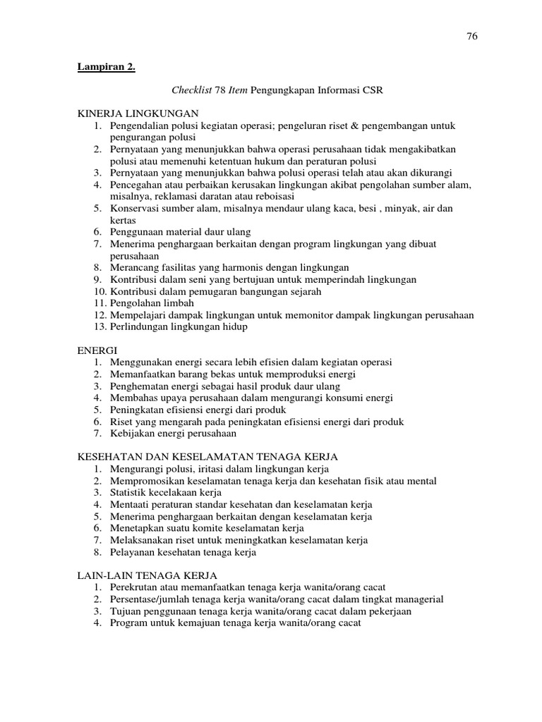 Lampiran 2. Tabel Item Checklist CSR | PDF | Karier & Perkembangan | Bisnis