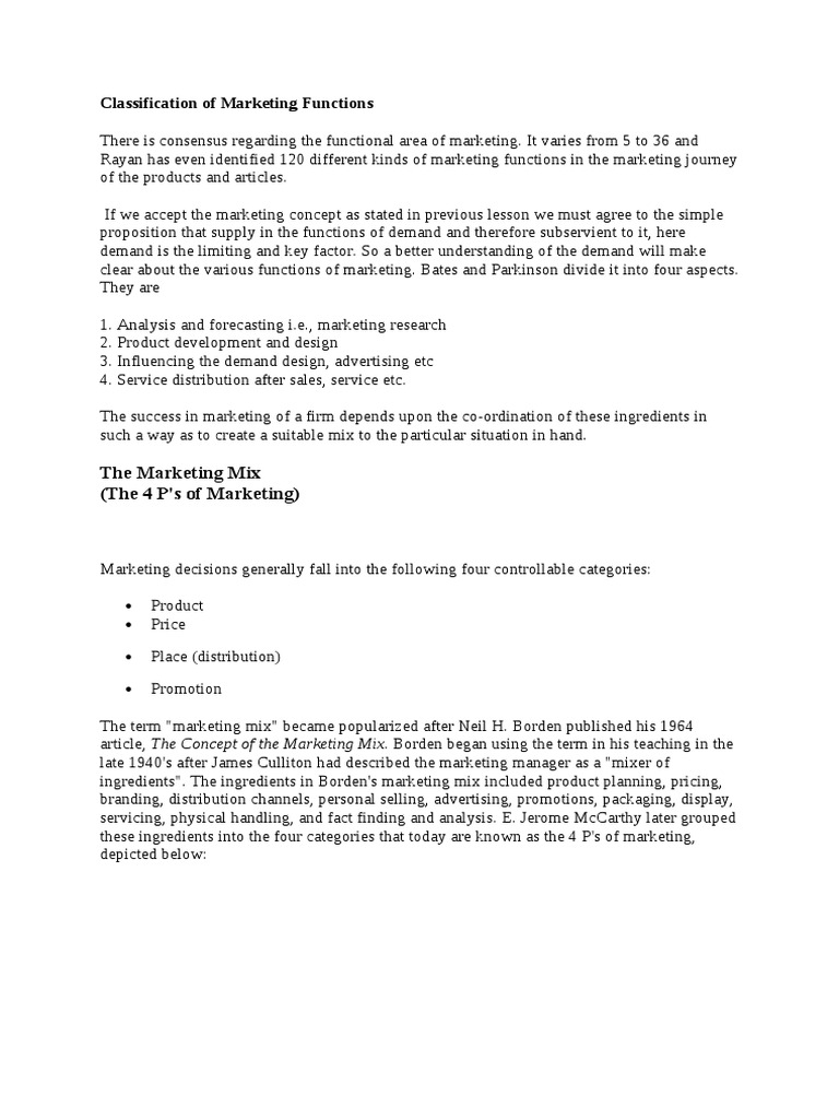 Classification of Marketing Functions | PDF | Market Segmentation ...