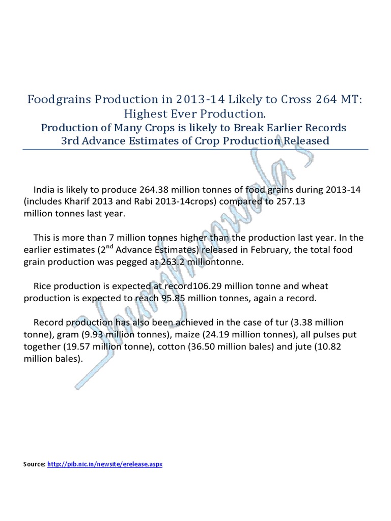 India's #FoodgrainsProduction in 2013-14 Likely To Cross 264 MT ...