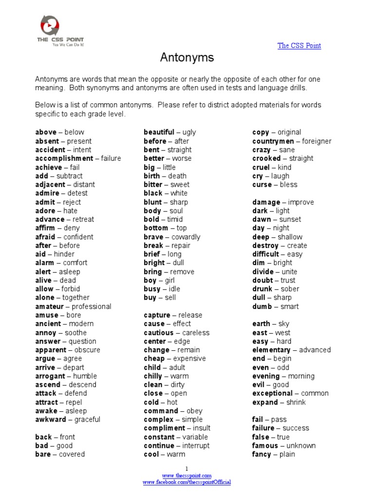 List of Antonyms | PDF