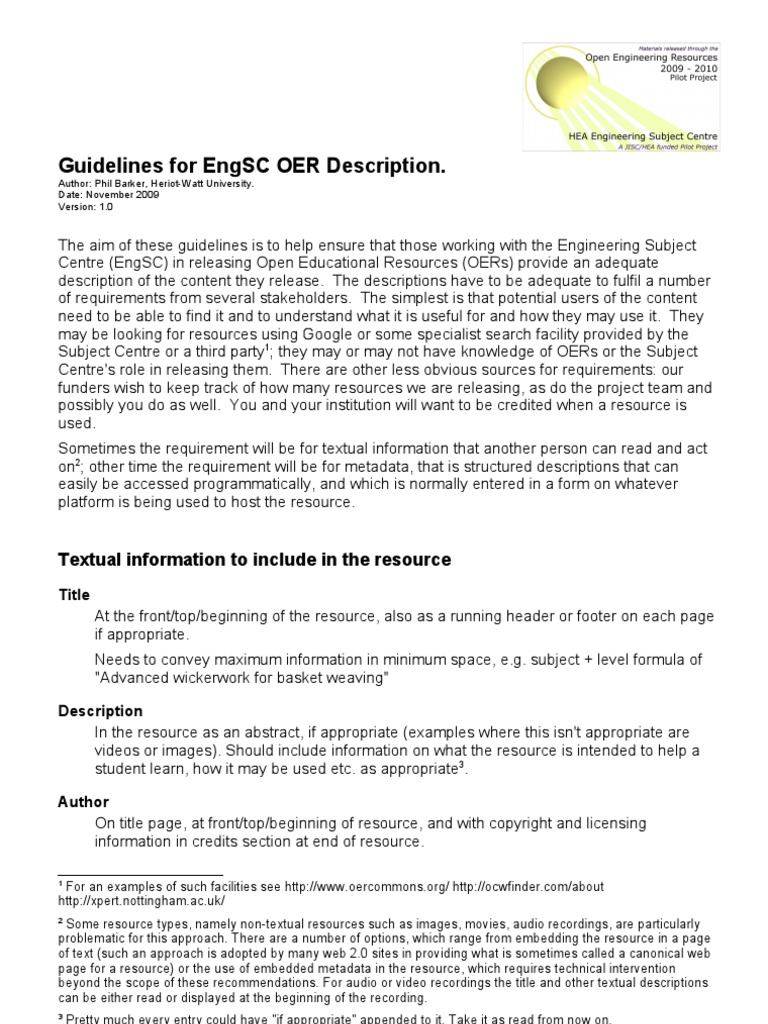 Guidelines For EngSC OER Descriptions | PDF | Metadata | License