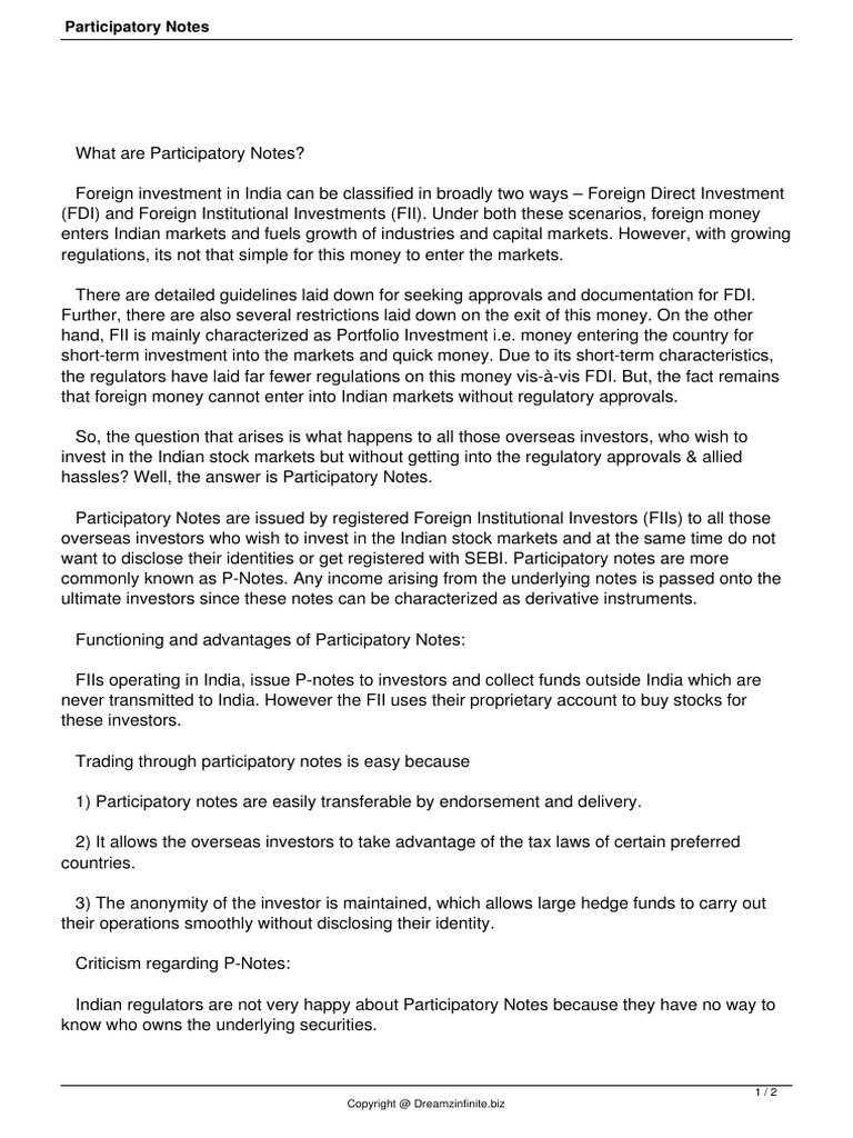 Participatory Notes | PDF | Investor | Foreign Direct Investment