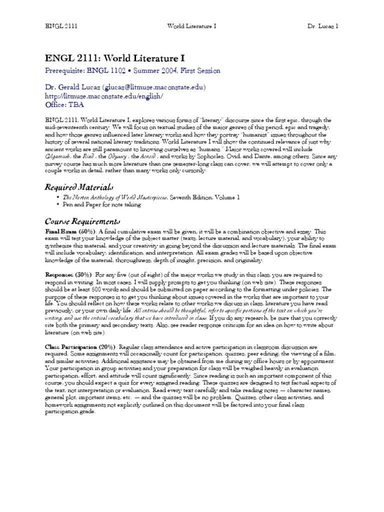 ENGL 2111 Summer04 Syllabus | PDF | Quiz | Reading (Process)