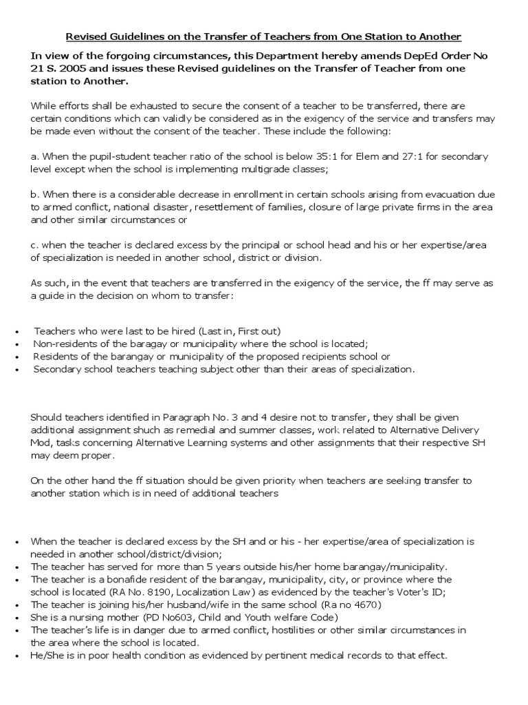 Revised Guidelines On The Transfer of Teachers From One Station To ...