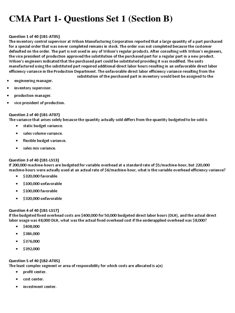 CMA Part 1 - Section B (Questions Set 1) | PDF | Profit (Accounting) | Return On Investment