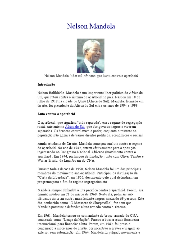 Nelson Mandela: Luta e Legado Anti-Apartheid | PDF | Nelson Mandela ...