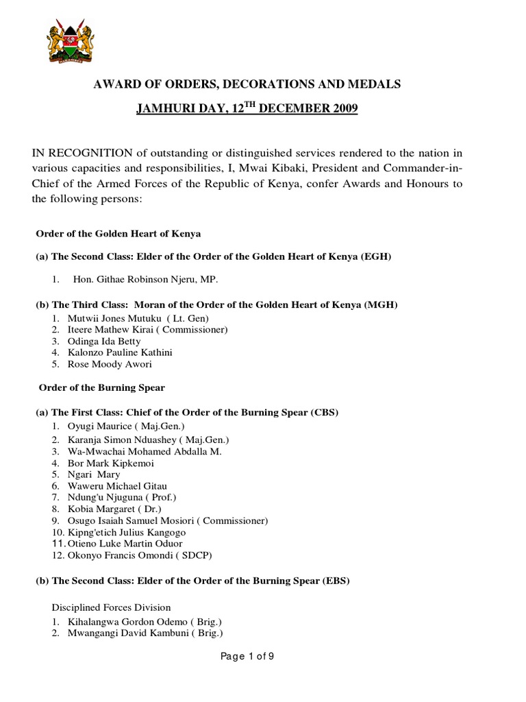 Kenya's 2009 Presidential Awards List | PDF