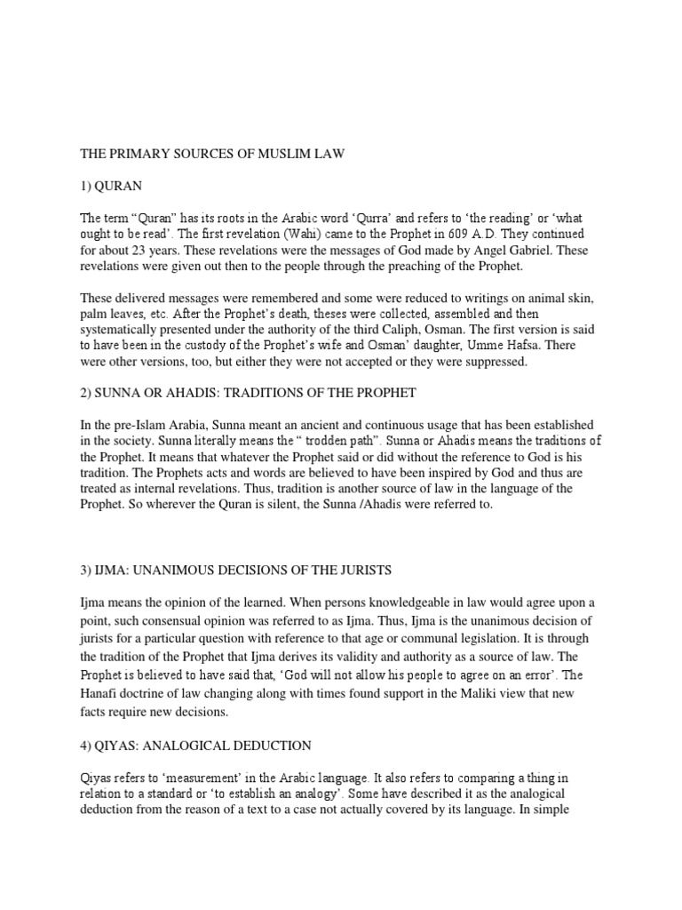 Primary Sources of Muslim Law Explained | PDF | Islamic Branches | Sharia
