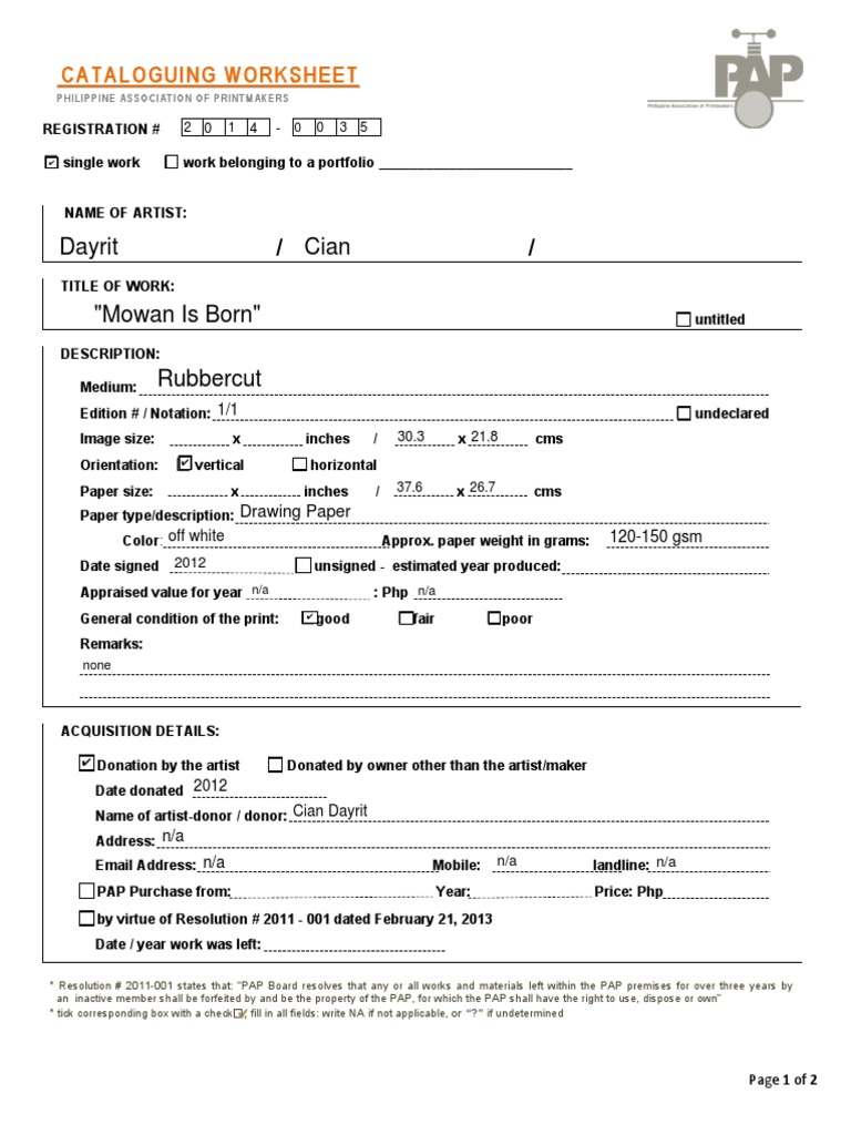 Dayrit Cian: Cataloguing Worksheet Cataloguing Worksheet | PDF | Media ...