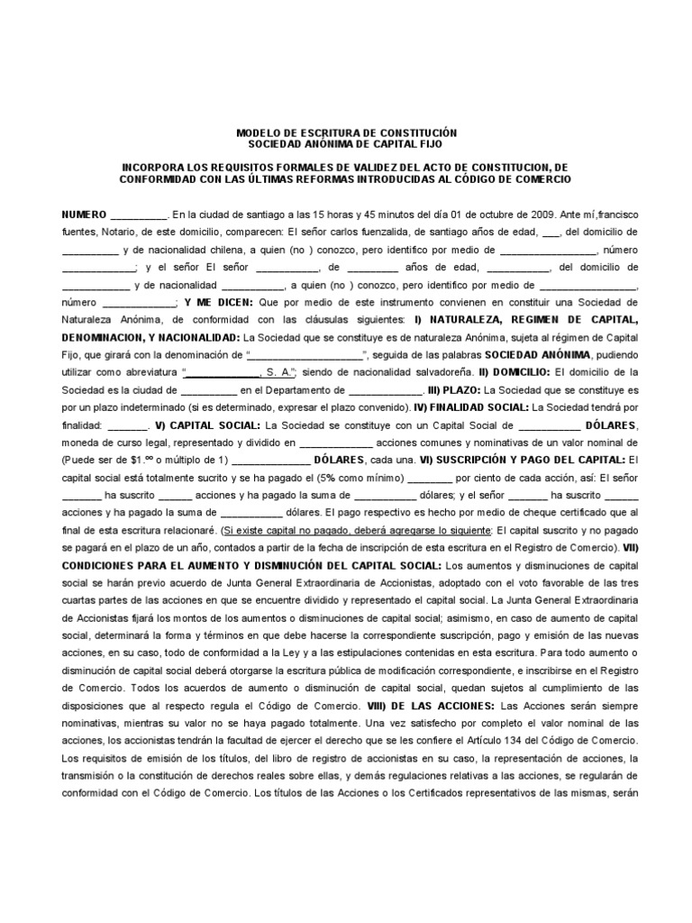 Modelo de Escritura de Constitucion de Sociedad Anonima de Capital Fijo