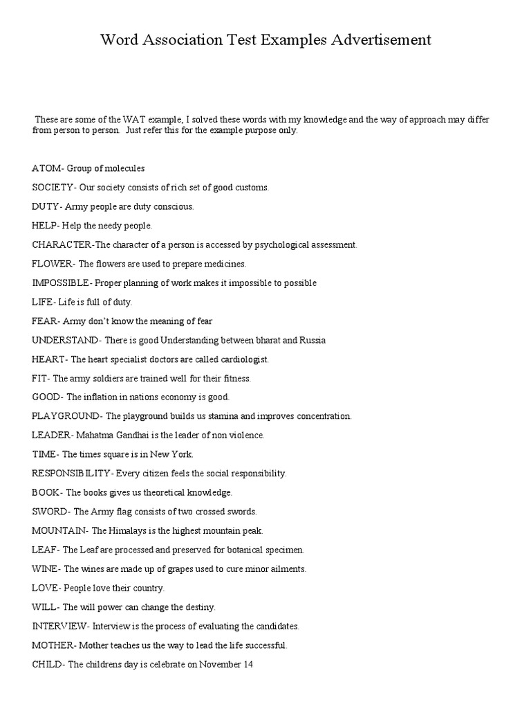 Word Association Test Examples Advertisement | PDF