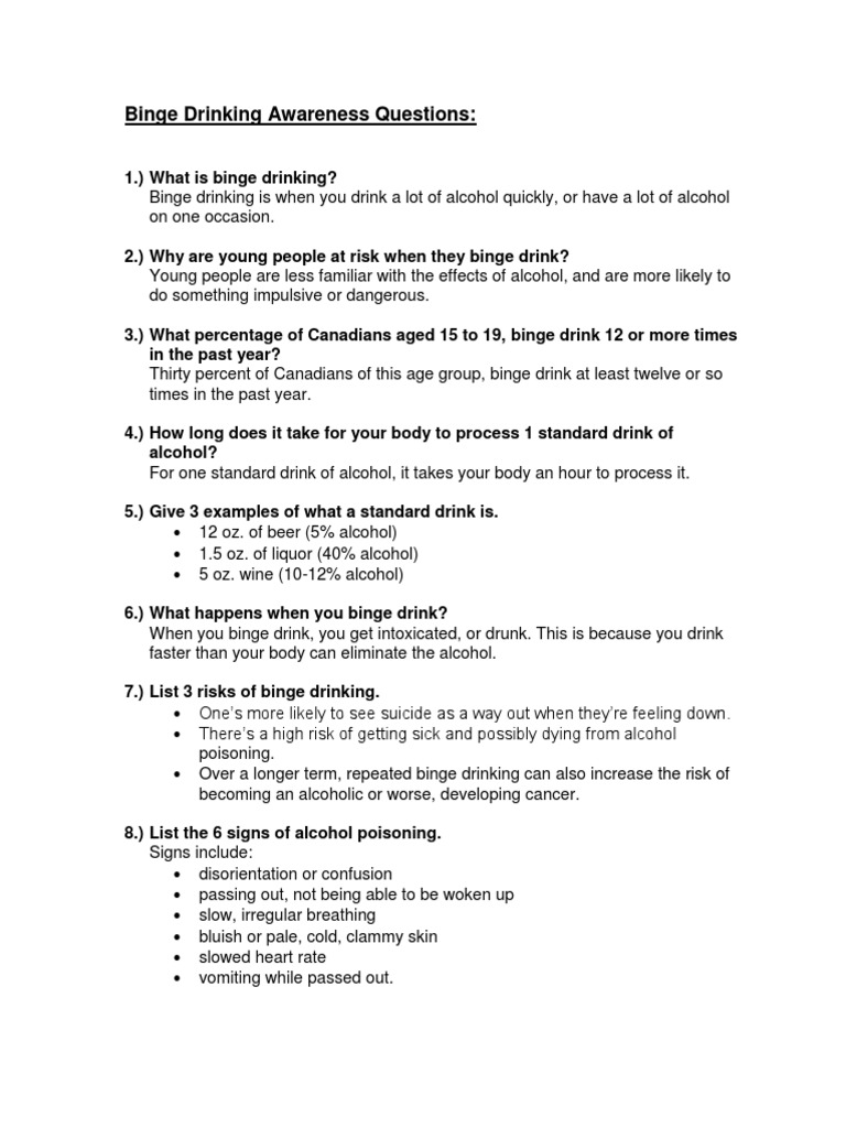 Binge Drinking Awareness Questions | PDF | Alcohol Intoxication | Drink