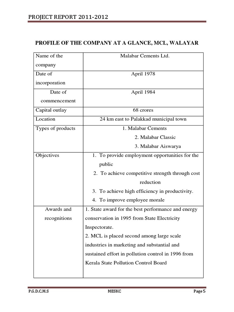PROJECT REPORT 2011-2012: Profile of The Company at A Glance, MCL, Walayar | PDF | Working ...