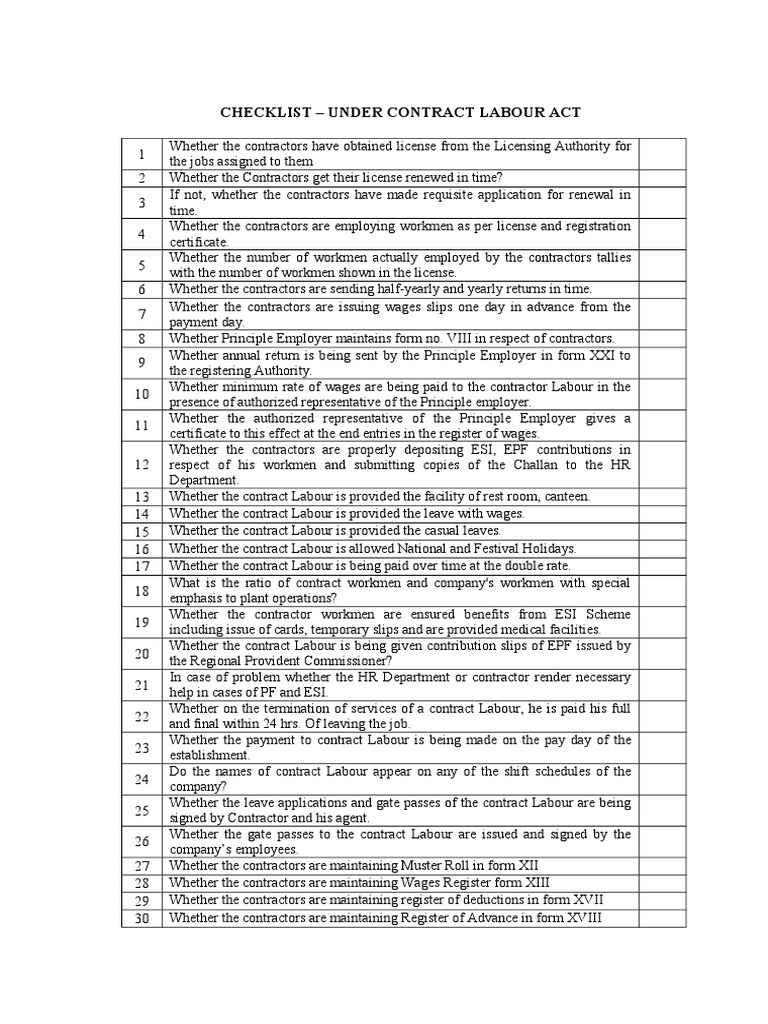 Checklist - Under Contract Labour Act | PDF