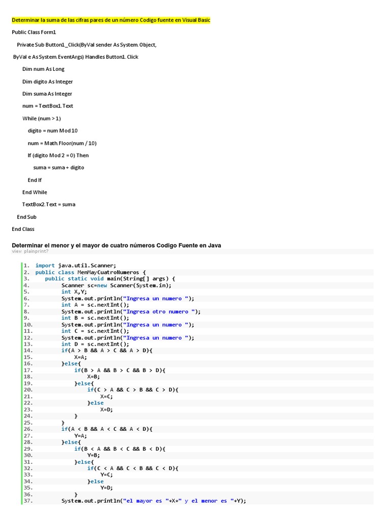 Determinar La Suma de Las Cifras Pares de Un Número Codigo Fuente en Visual Basic | PDF ...