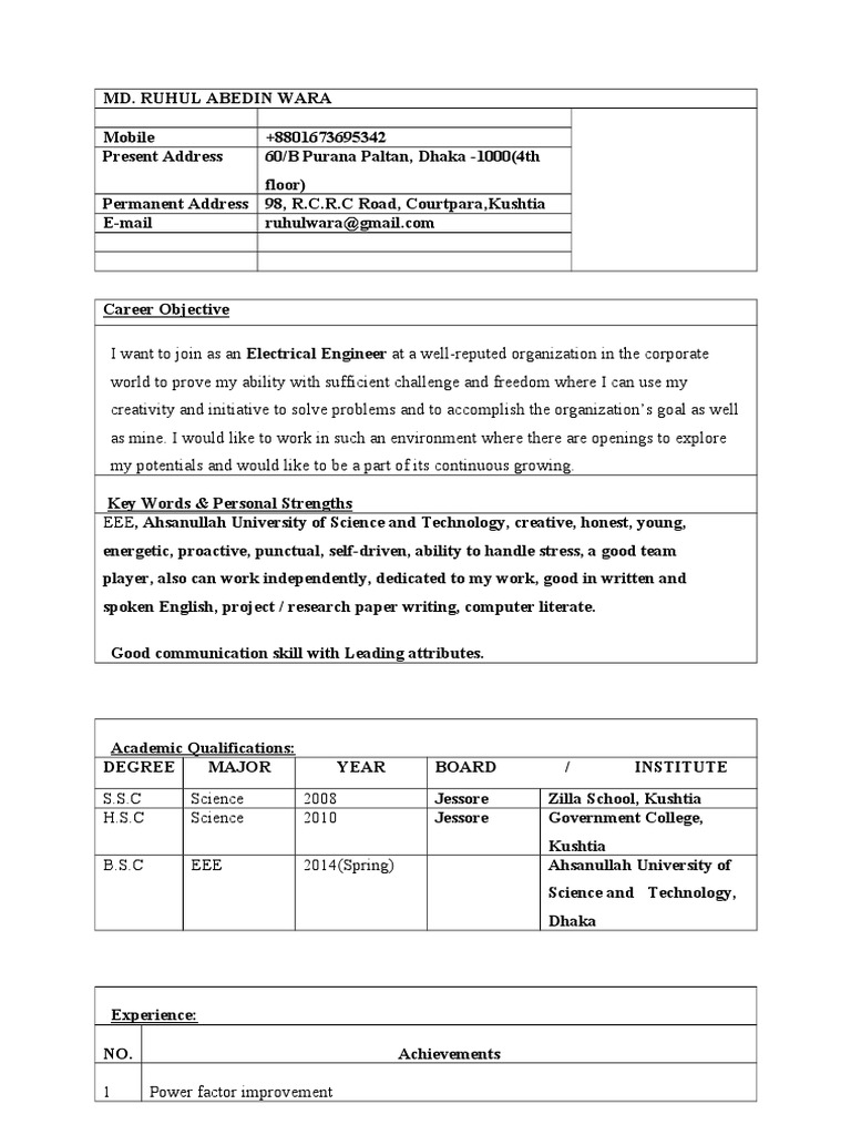 Eng Ruhul Wara CV | PDF | Manufactured Goods | Electrical Engineering