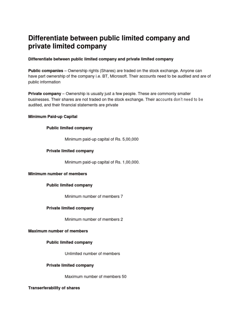Difference Between Private Company and Public Company | Public Limited ...