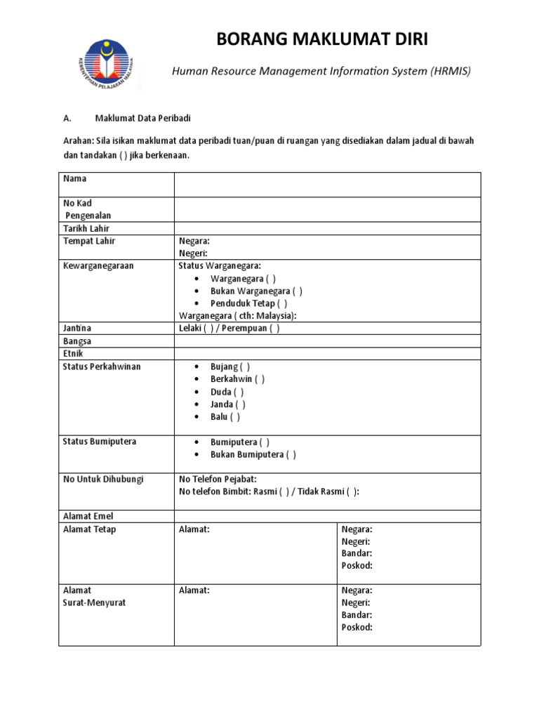 Borang Maklumat Diri - HRMIS | PDF