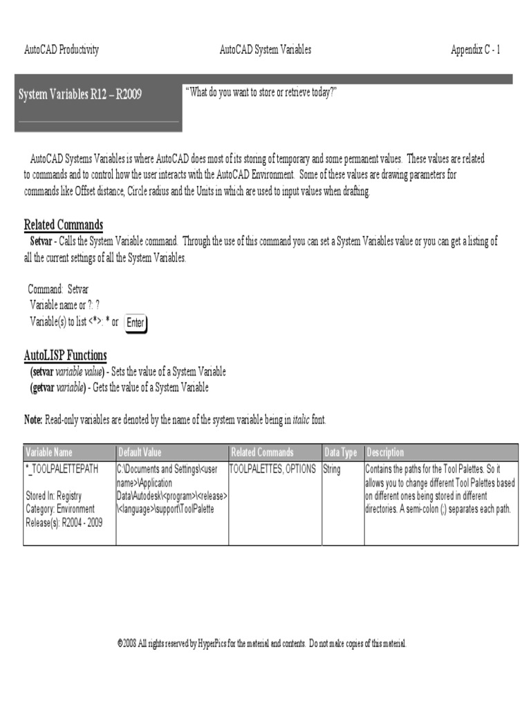 AutoCAD 2009 System Variables Overview | PDF | Variable (Computer Science) | Command Line Interface