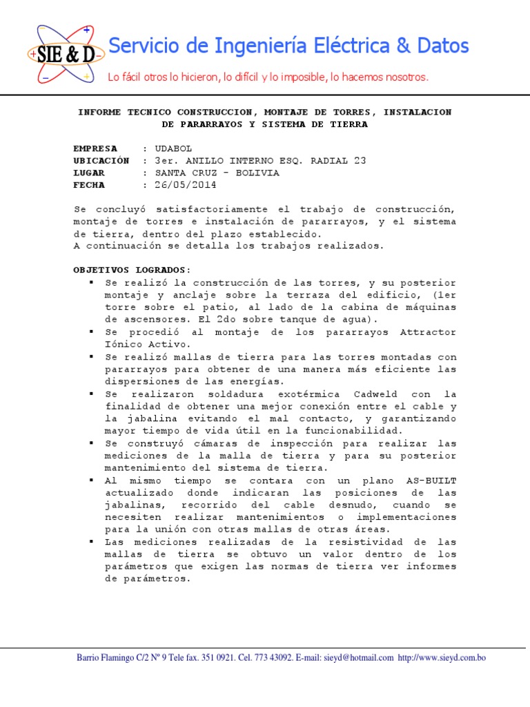 Informe Sistema de Tierra, Montaje de Torres y Pararrayos | PDF | Cobre | Soldadura