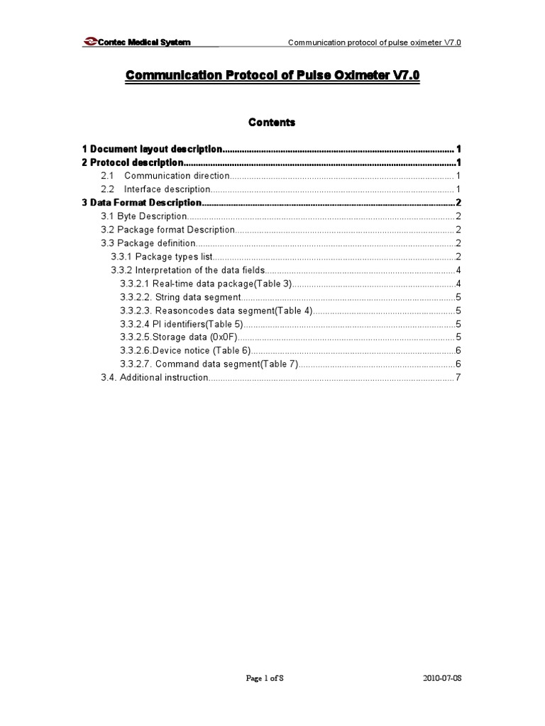 Communication Protocol of Contec Pulse Oximeter V7.0 | PDF | Byte | Data