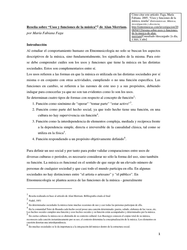Usos y Funciones de La Música de Alan Merriam - Reseña | PDF | Sociedad ...