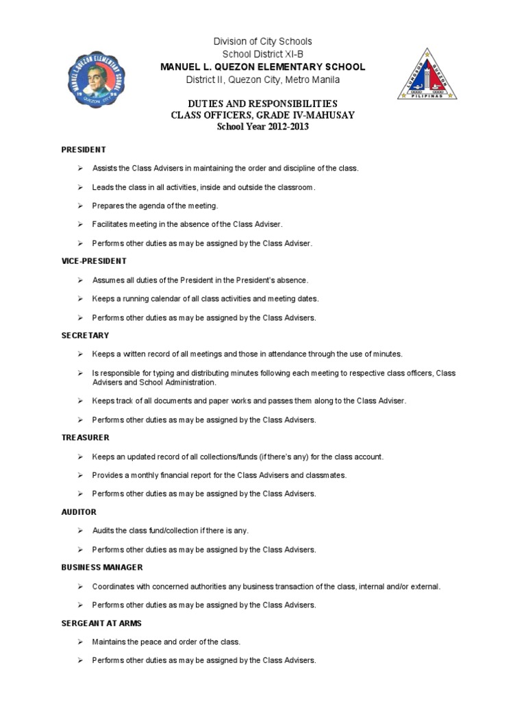 Duties of Class Officers | PDF | Schools | Teaching And Learning