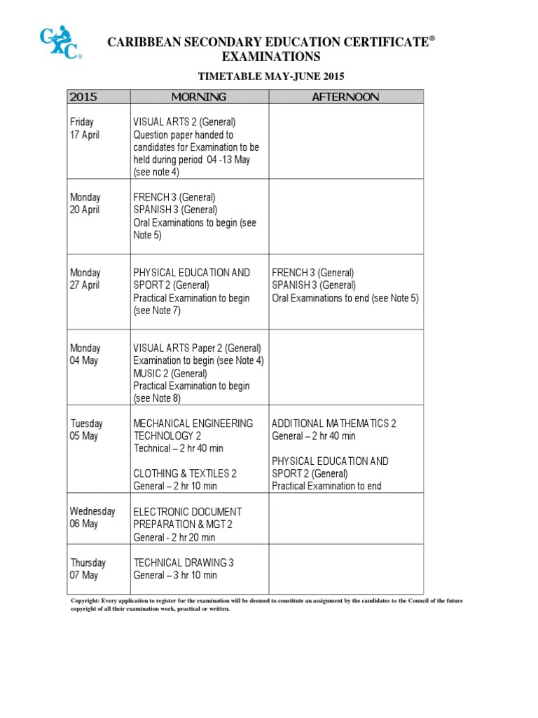Timetable CSEC 2015 May-June - A4 Size | PDF | Test (Assessment ...