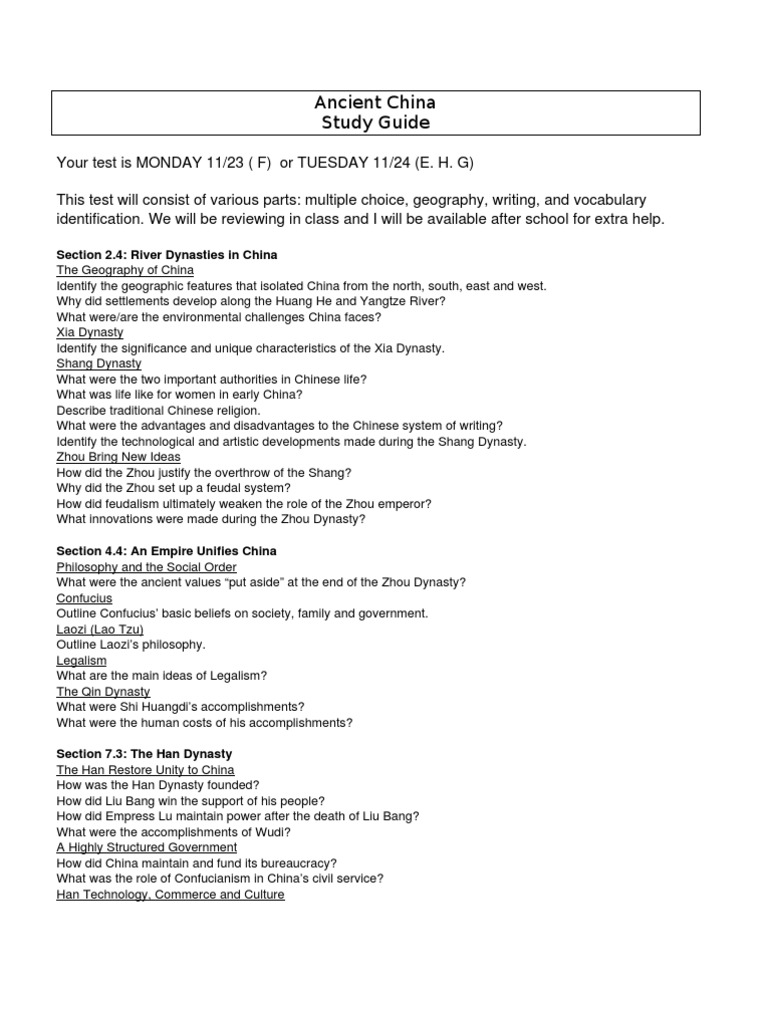 Ancient China Study Guide | PDF | Tang Dynasty | Han Dynasty