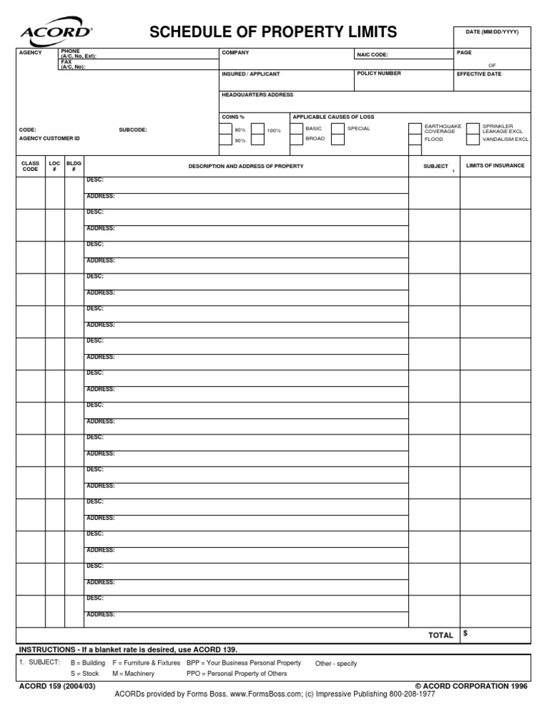 159 Schedule of Insurance | PDF | Insurance | Financial Risk