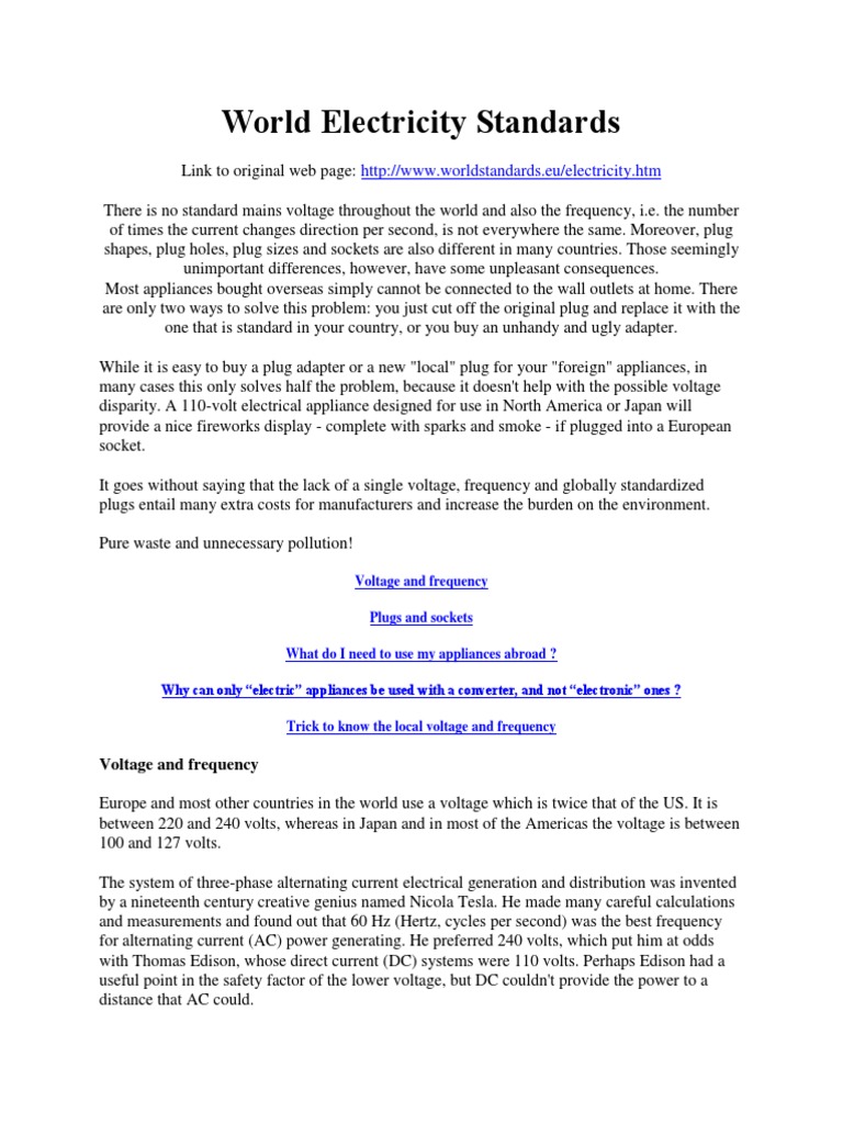 World Electricity Standards | PDF | Ac Power Plugs And Sockets | Home ...