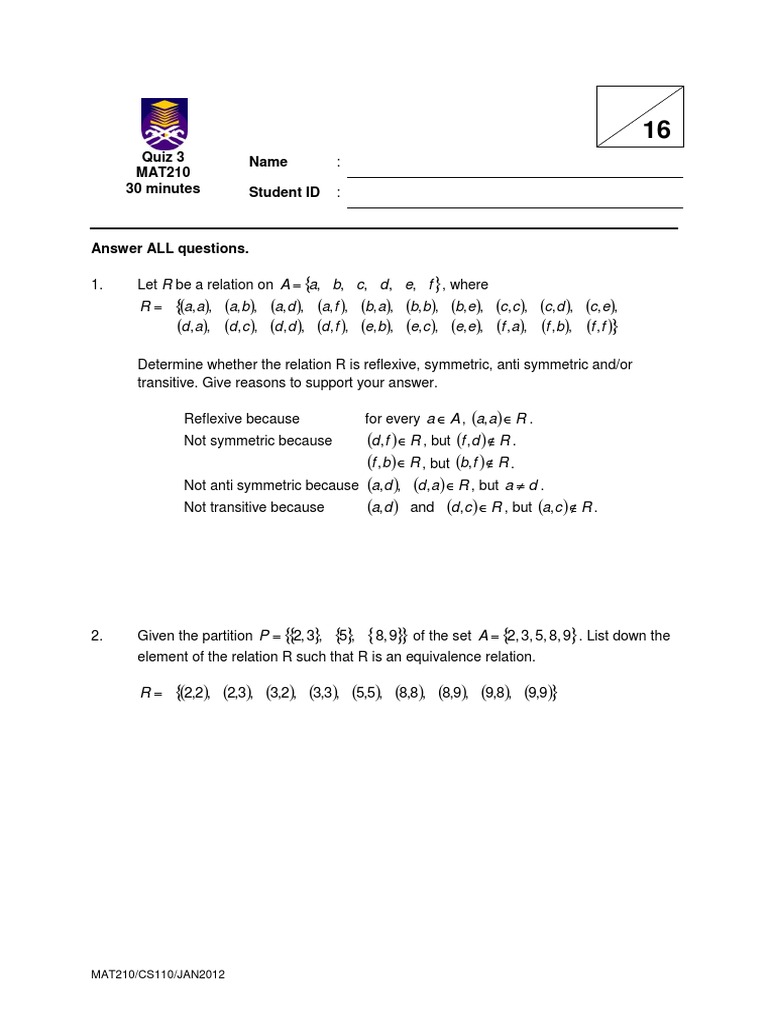 MAT210 Quiz 3: Relations & Functions | PDF