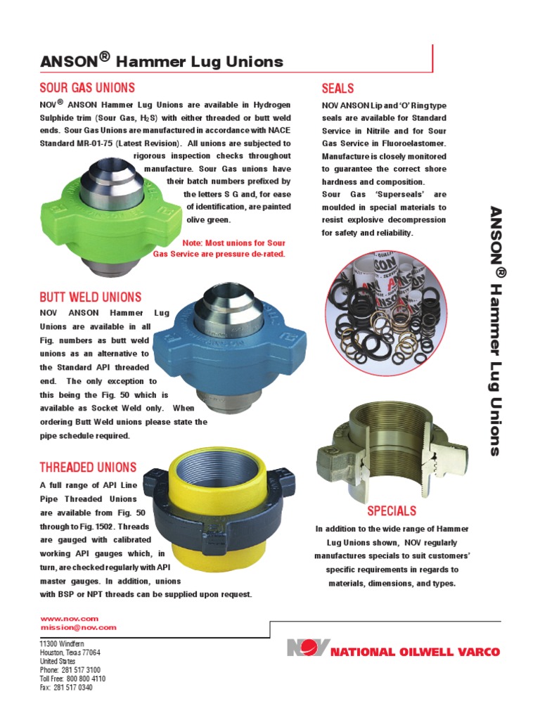 ANSON® Hammer Lug Unions: Sour Gas Unions Seals | PDF | Pipe (Fluid ...